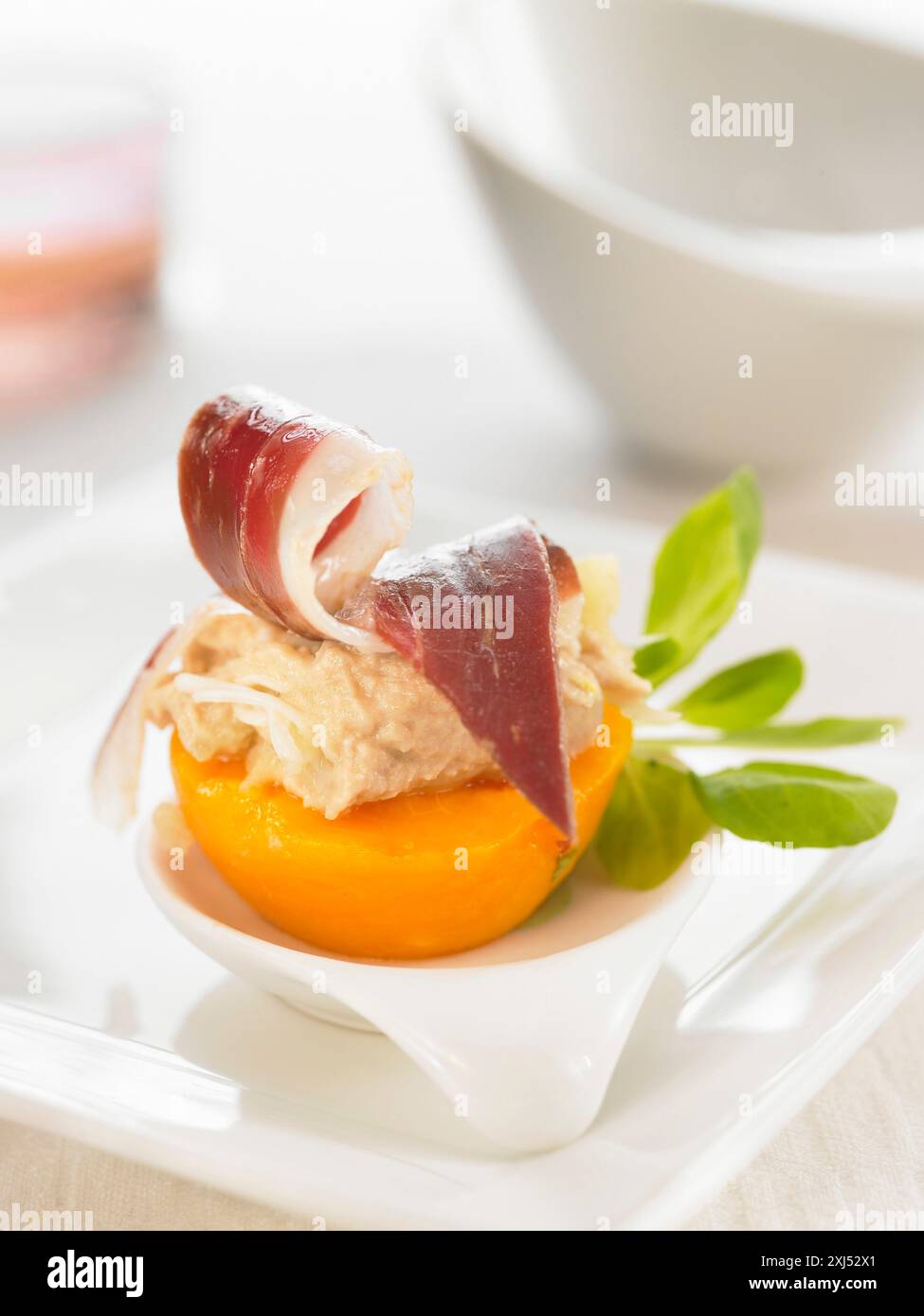 Smoked duck Magret,peach and potted duck mini skewers Stock Photo - Alamy