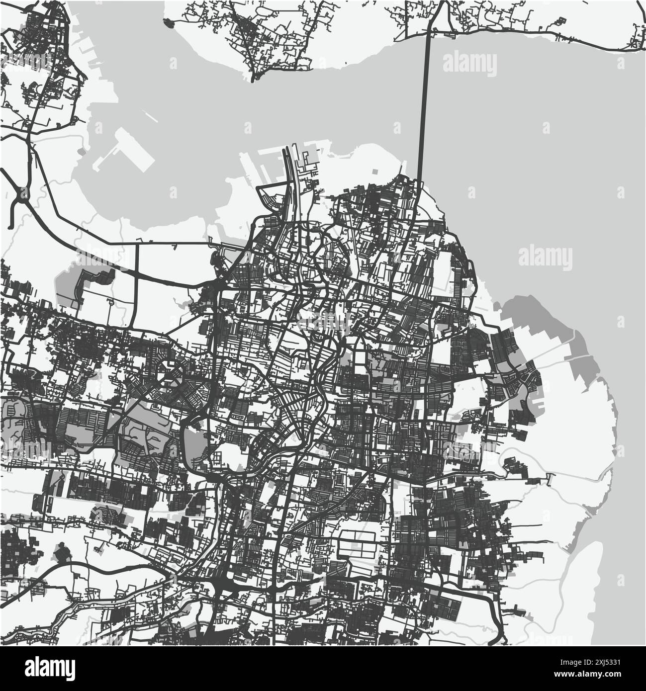 Map of Surabaya in Indonesia in grayscale. Contains layered vector with ...