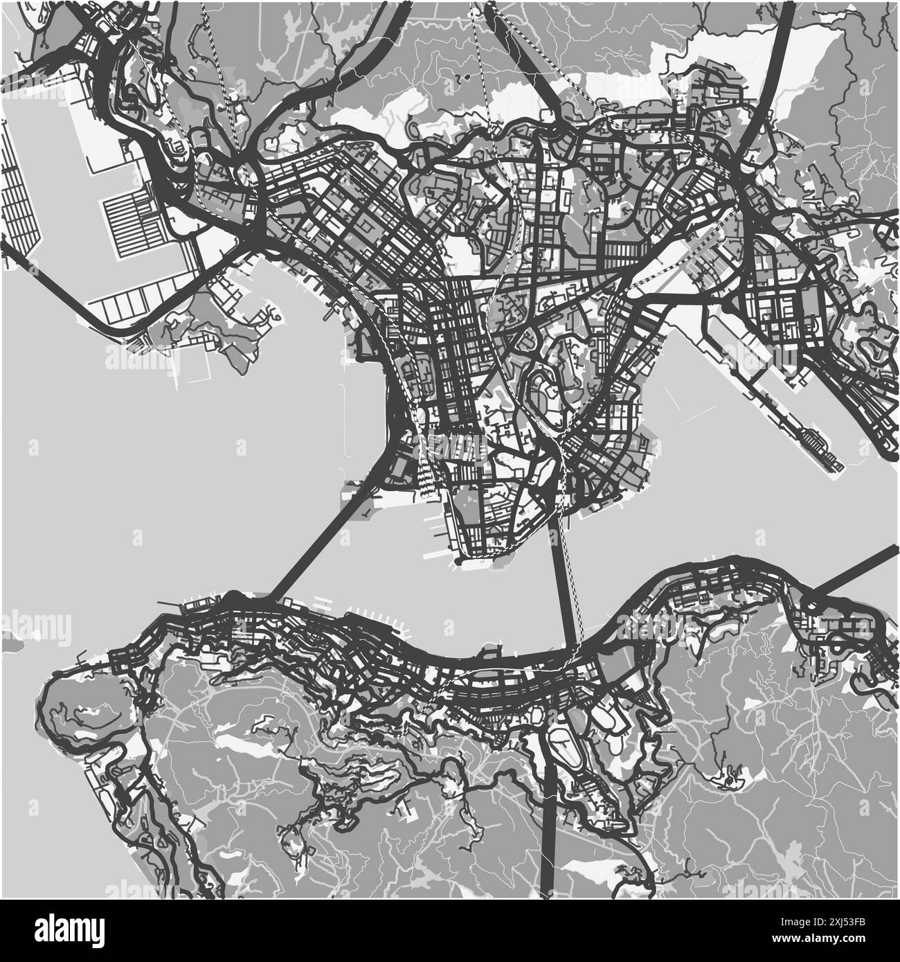 Map of Hong Kong in China in grayscale. Contains layered vector with roads water, parks, etc ...