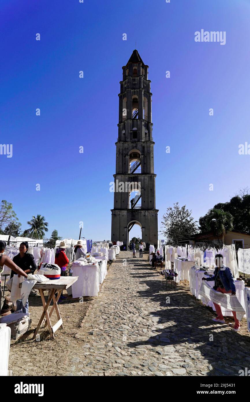 Trinidad, Cuba, Central America, High bell tower with a lively open-air ...