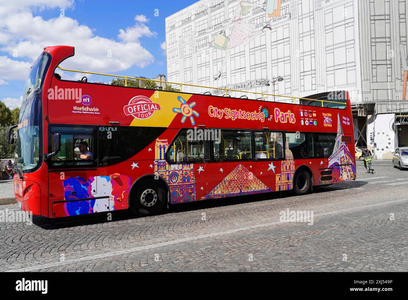 Paris, France, Europe, Red double-decker bus for city tours in Paris ...
