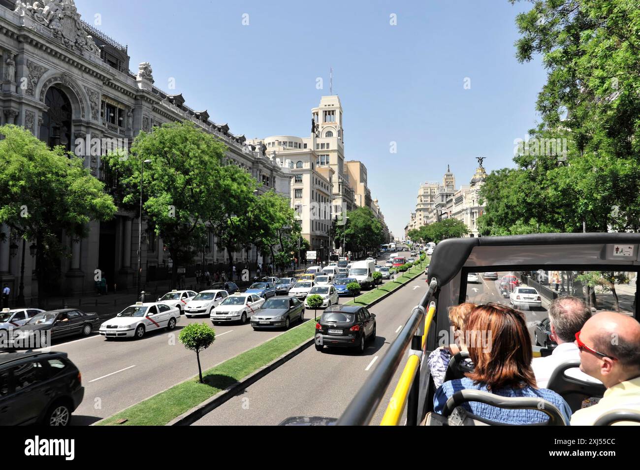 Madrid, Spain, Europe, A busy city street with many cars, flanked by ...