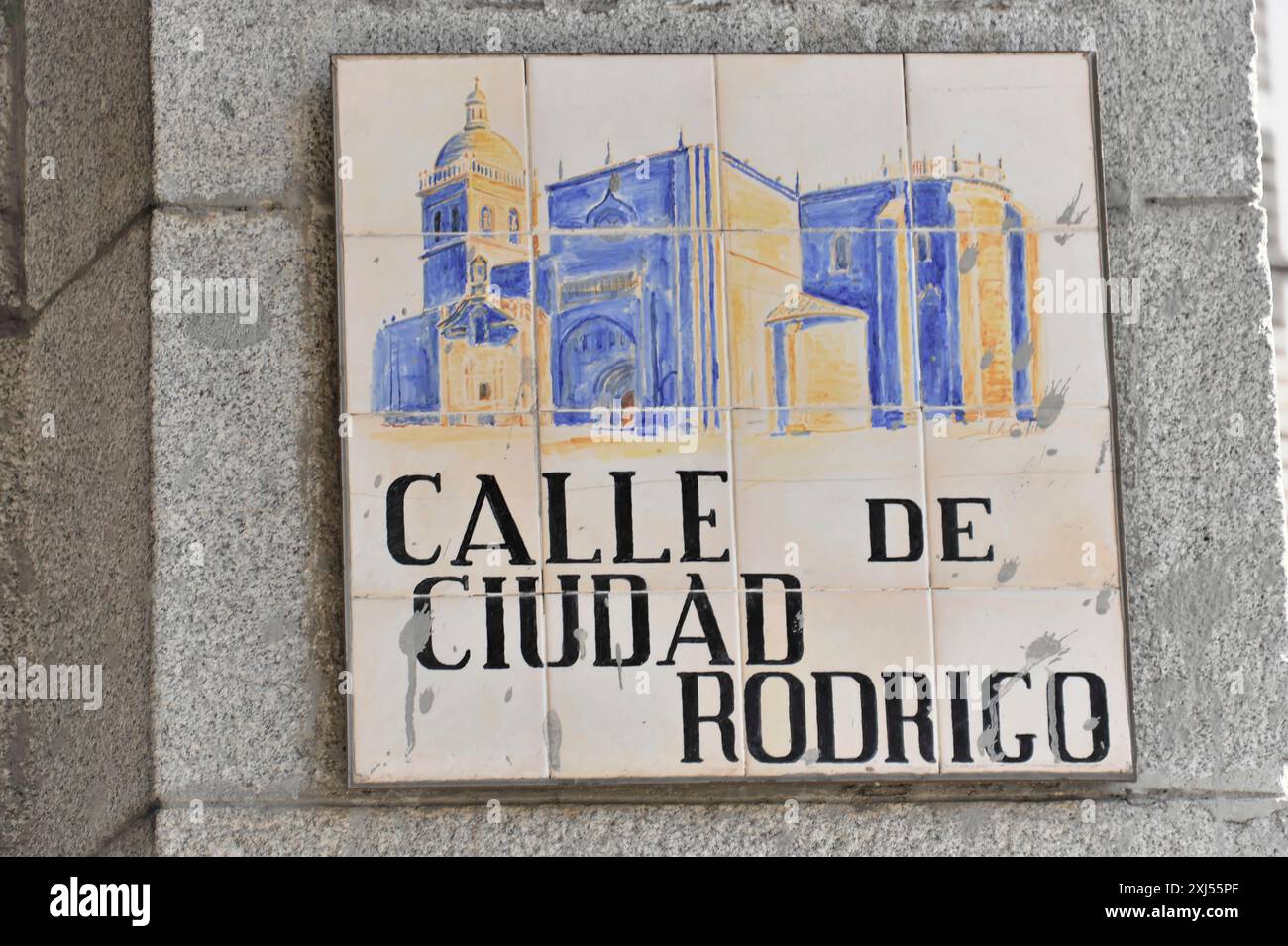 Madrid, Spain, Europe, A ceramic tile street sign shows a blue and ...