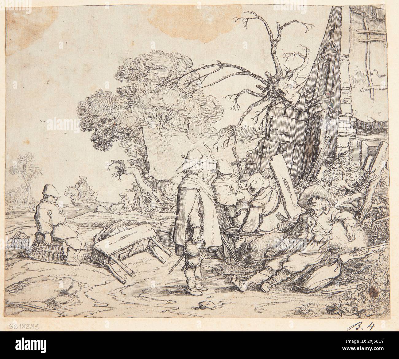 Etching by Pieter de Molijn (1595-1661) depicting a soldier receiving ...