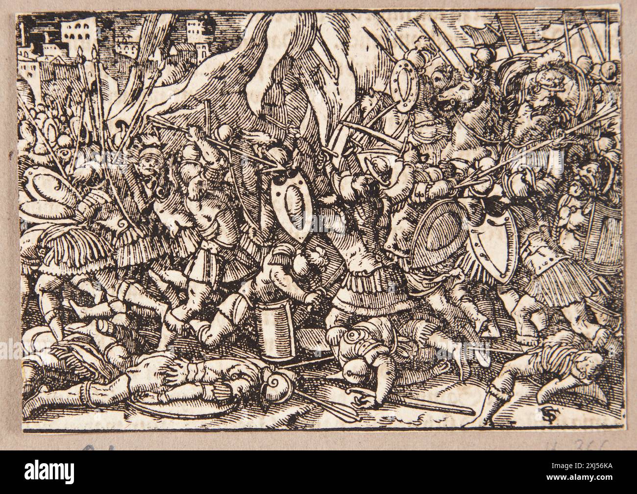 Woodcut by Tobias Stimmer showing a battle between Romans and Samnites ...