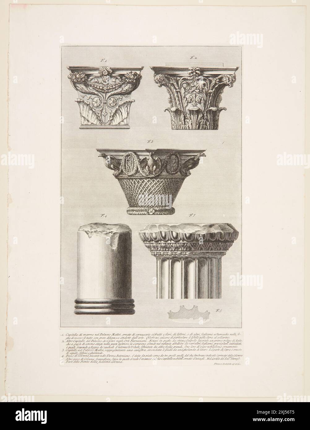 Engraving showing various capitals and fragments of Roman columns ...