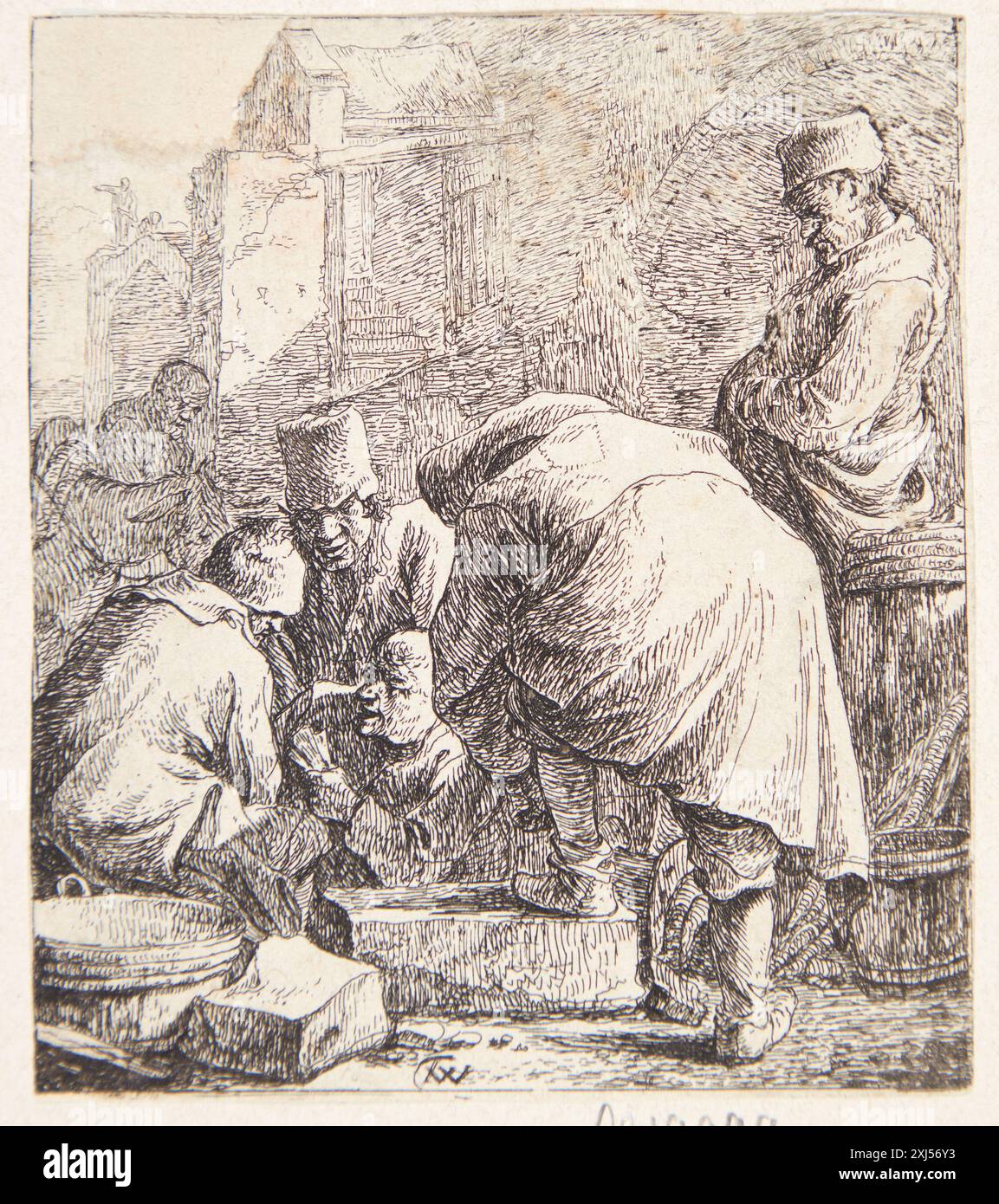Etching by Thomas Wijck depicting a man bent forward binding his laces ...
