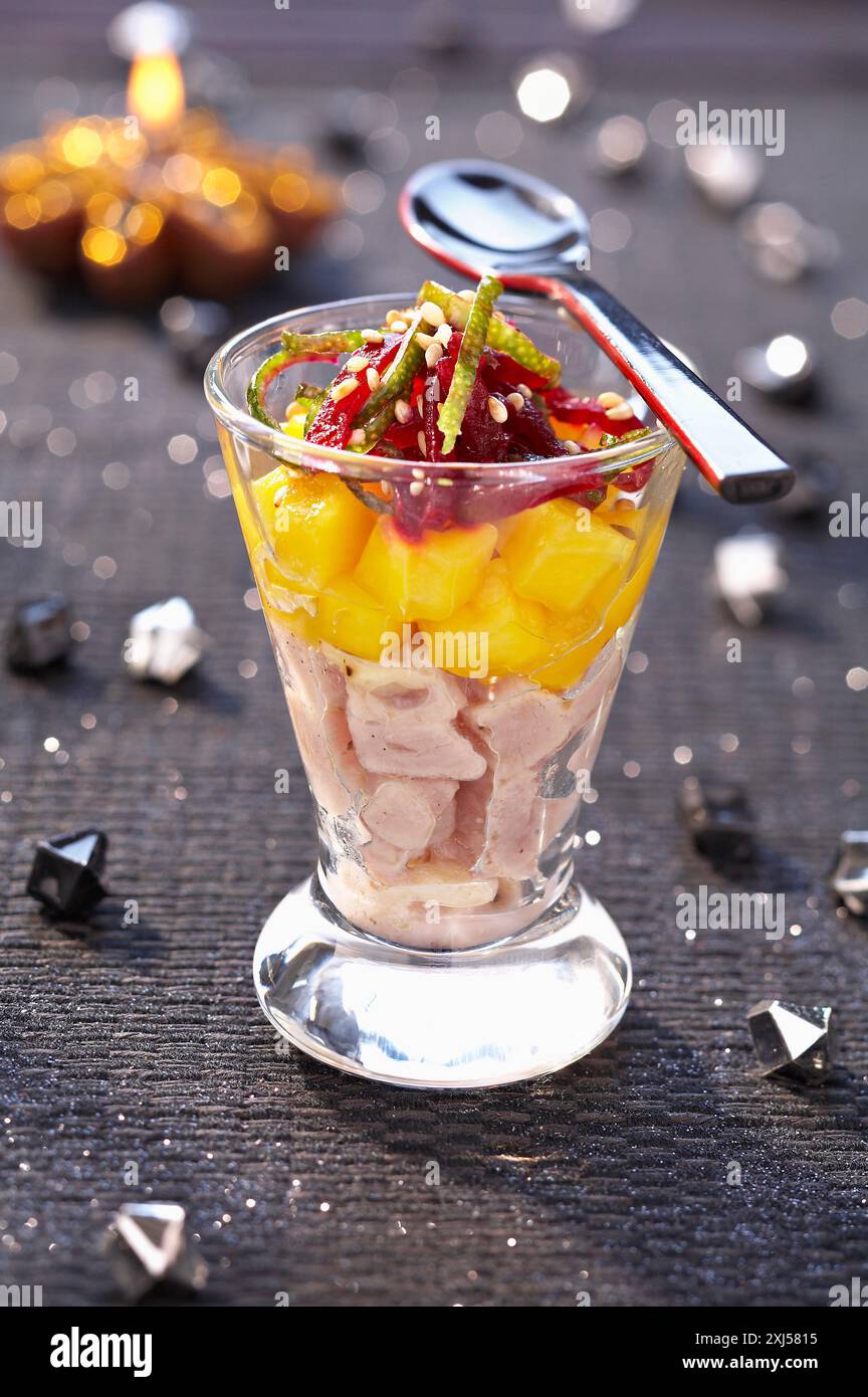 Diced tuna,mango and beetroot verrine Stock Photo - Alamy