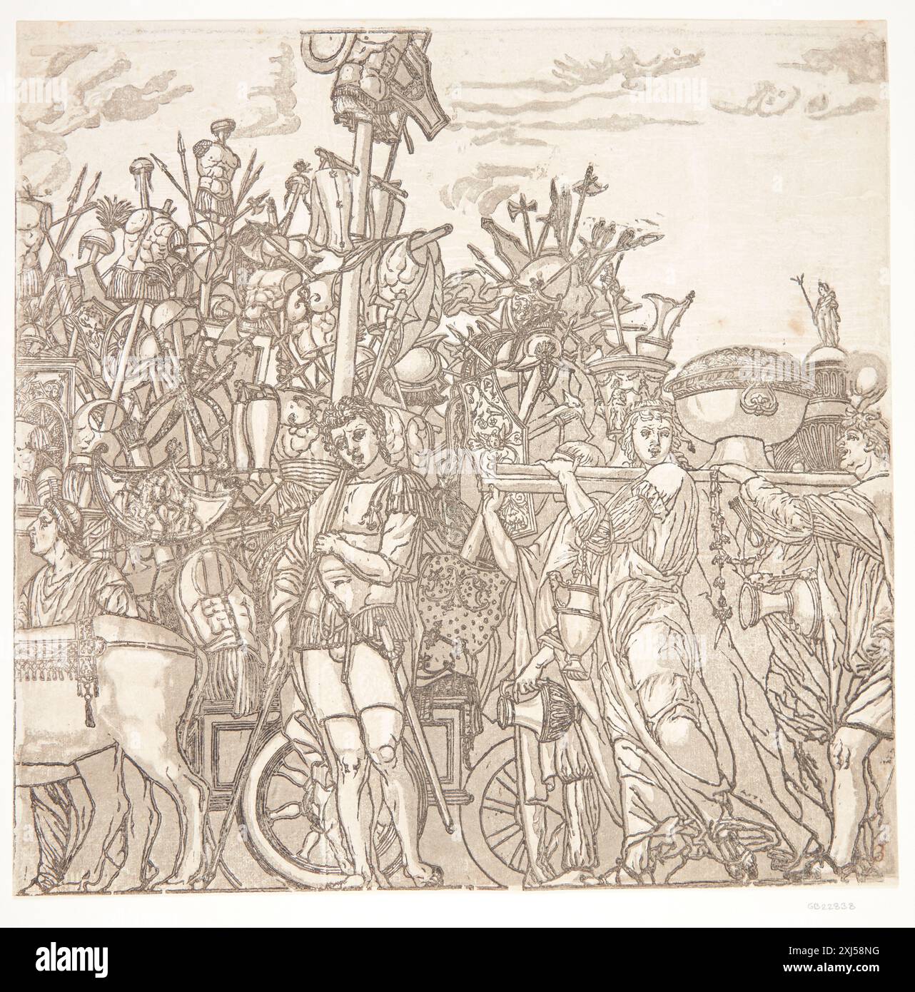 Chiaroscuro woodcut showing wagons and men with war trophies, depicting ...