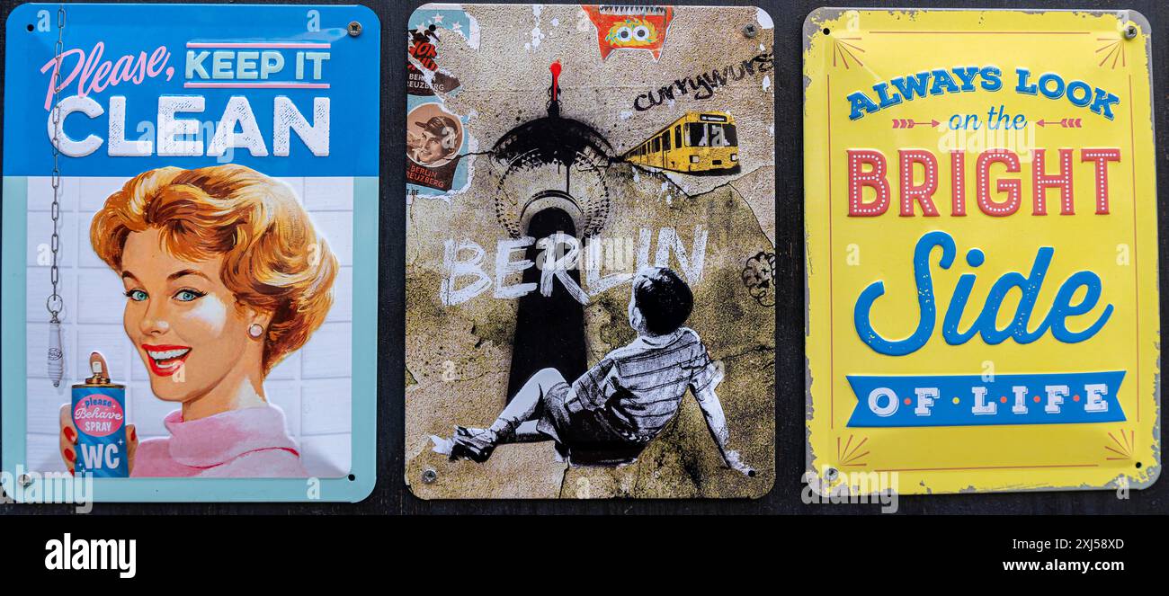 Vintage, nostalgic metal advertising signs, Berlin, Germany Stock Photo ...