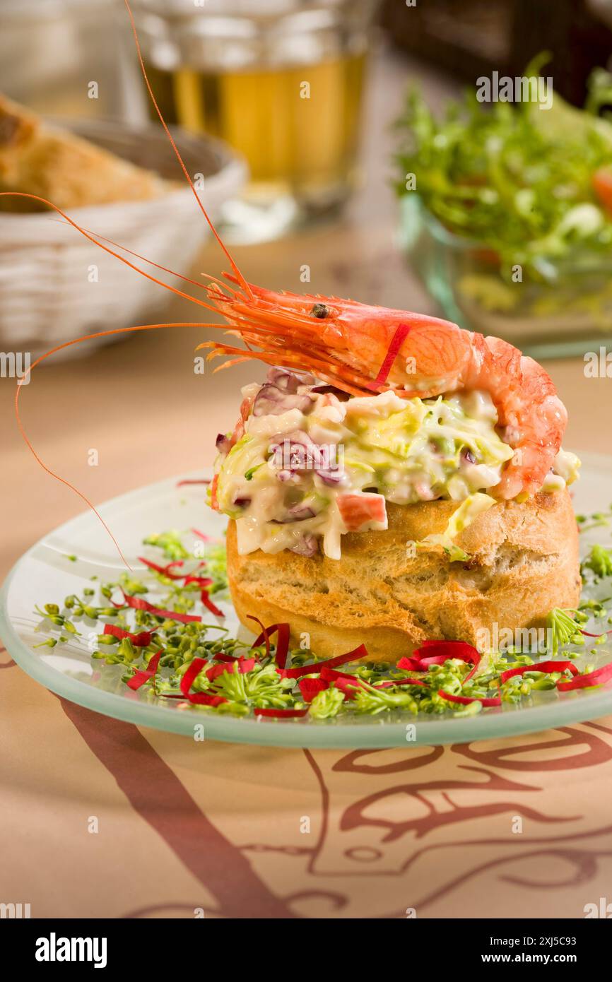 King crab and shrimp open sandwich Stock Photo - Alamy