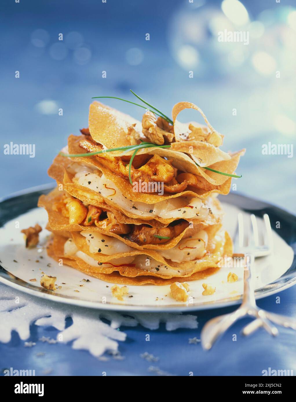 Scallop,walnut and chanterelle Mille-feuille Stock Photo - Alamy