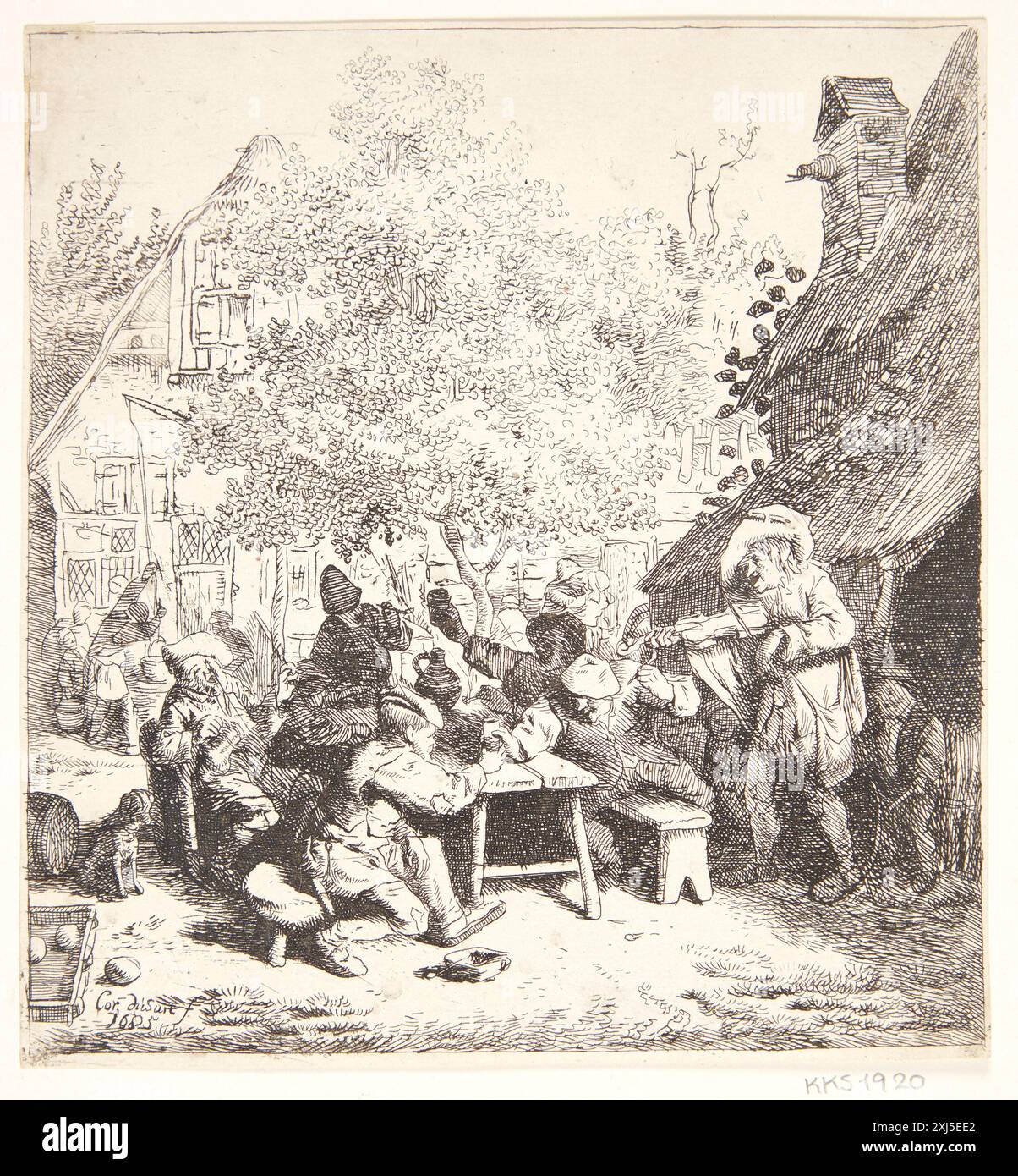 Etching by Cornelis Dusart depicting a musician playing a violin, part ...