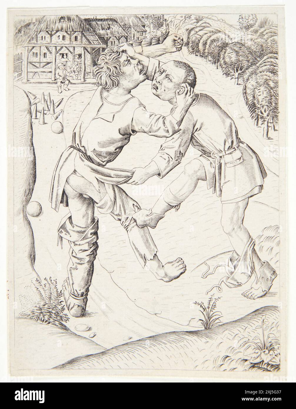 Depicts two farmers engaged in a physical fight, created as a copper ...