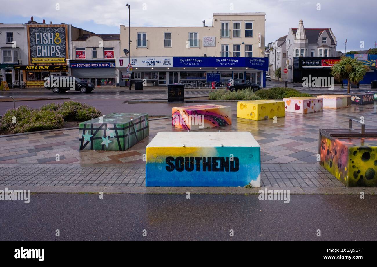 Southend on Sea seafront block shaped seating Stock Photo - Alamy