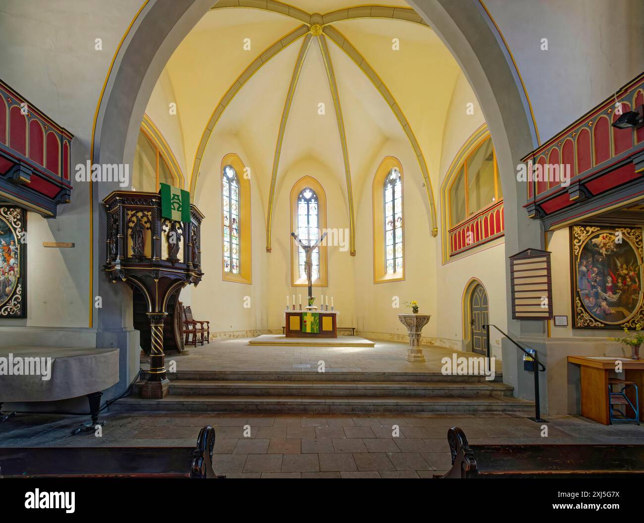 Pulpit, altar, crucifix and baptismal font, late Gothic Protestant ...