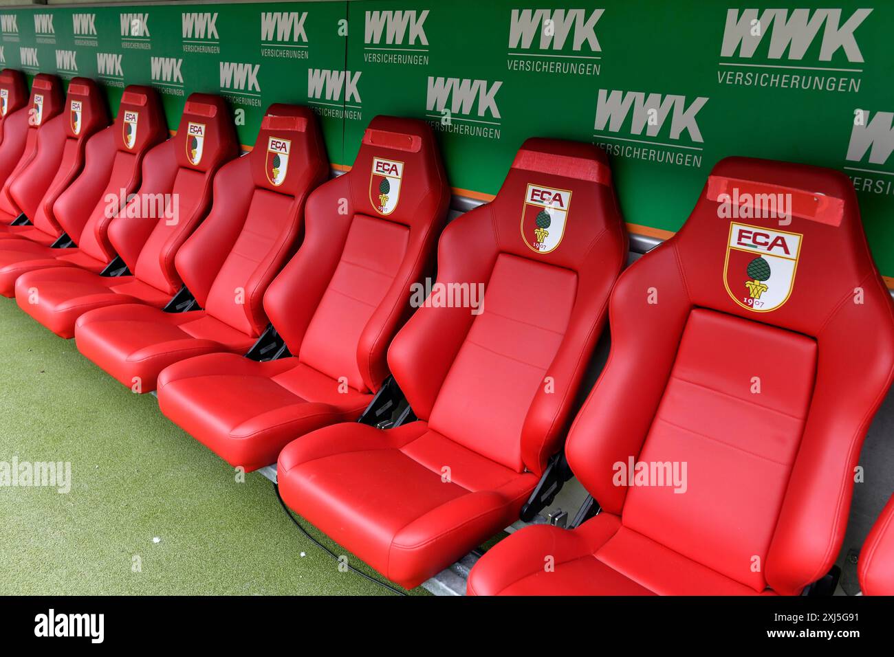 Empty bench, bench, seats, logo, WWK Arena, Augsburg, Bavaria, Germany ...
