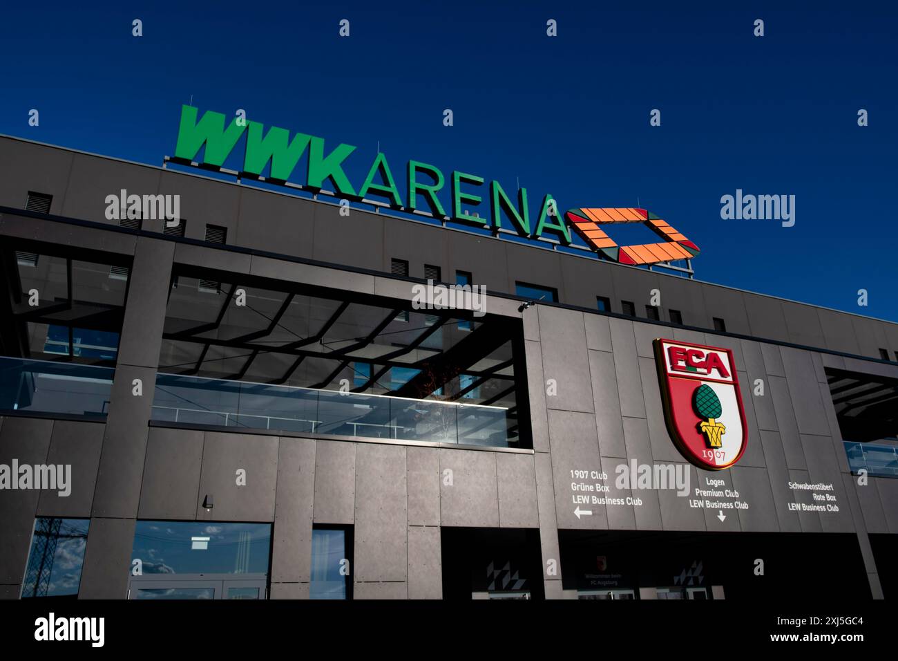 Exterior shot, WWK Arena, FC Augsburg FCA, main entrance, logo ...
