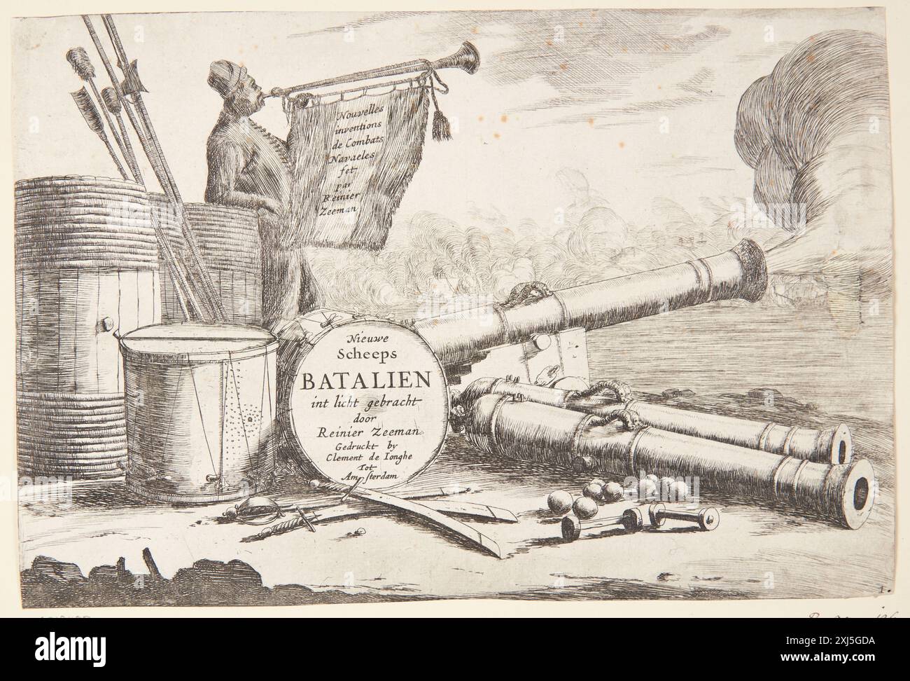 Cannon tubes and balls, gunpowder and a trumpet player blowing a ...