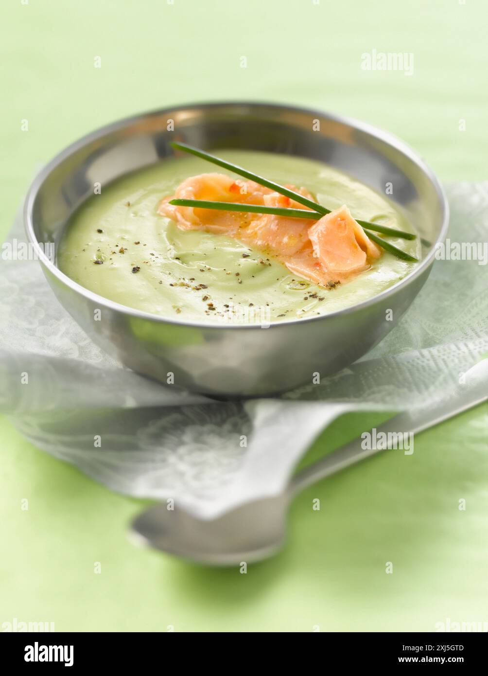 Cream of avocado soup with salmon Stock Photo - Alamy