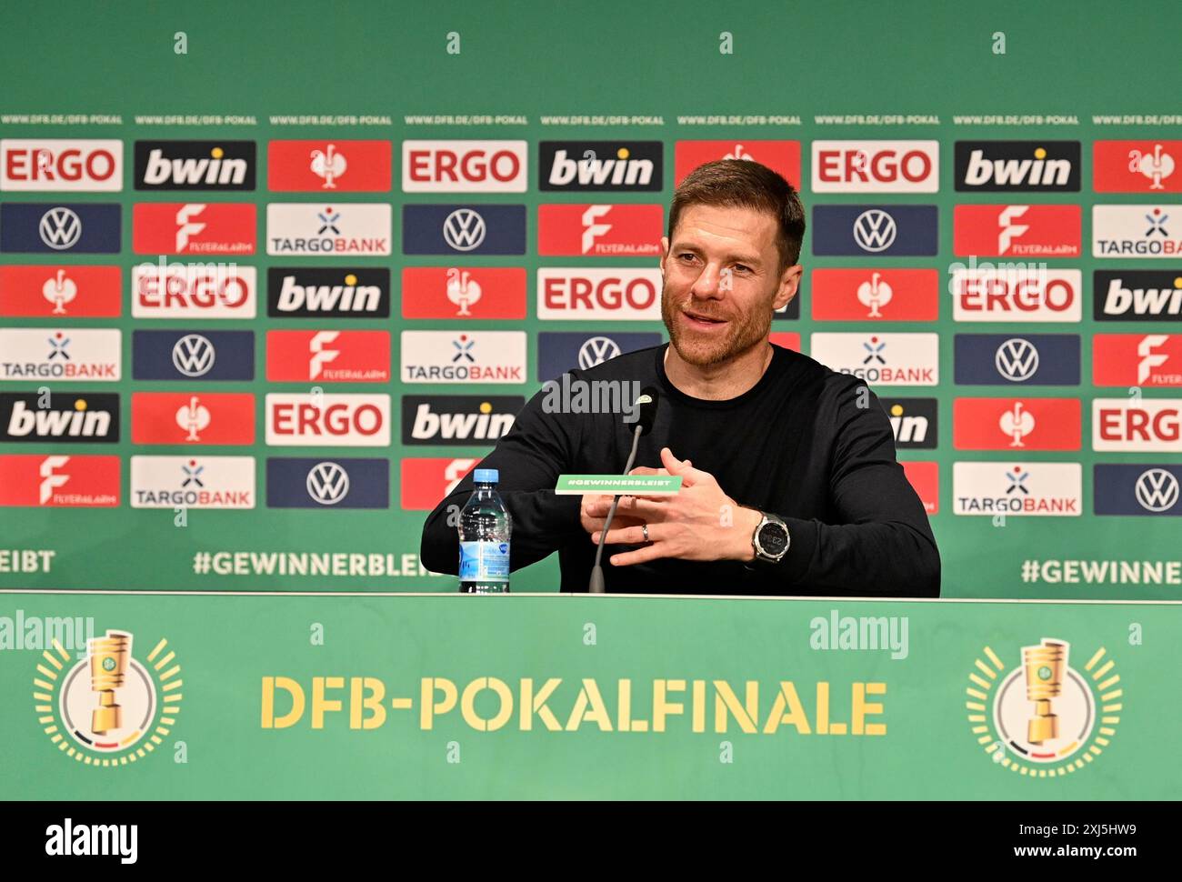 PK press conference, coach Xabi Alonso Bayer 04 Leverkusen, gesture, gestures, logo, 81st DFB ...