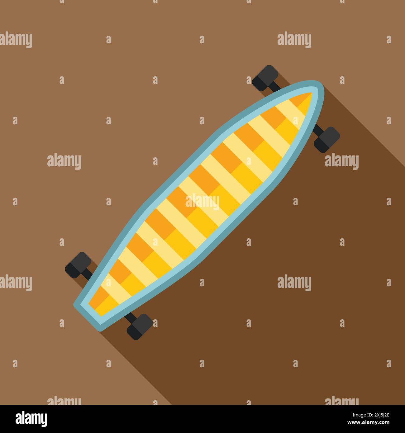 Yellow longboard skateboard with black wheels lying on brown background ...