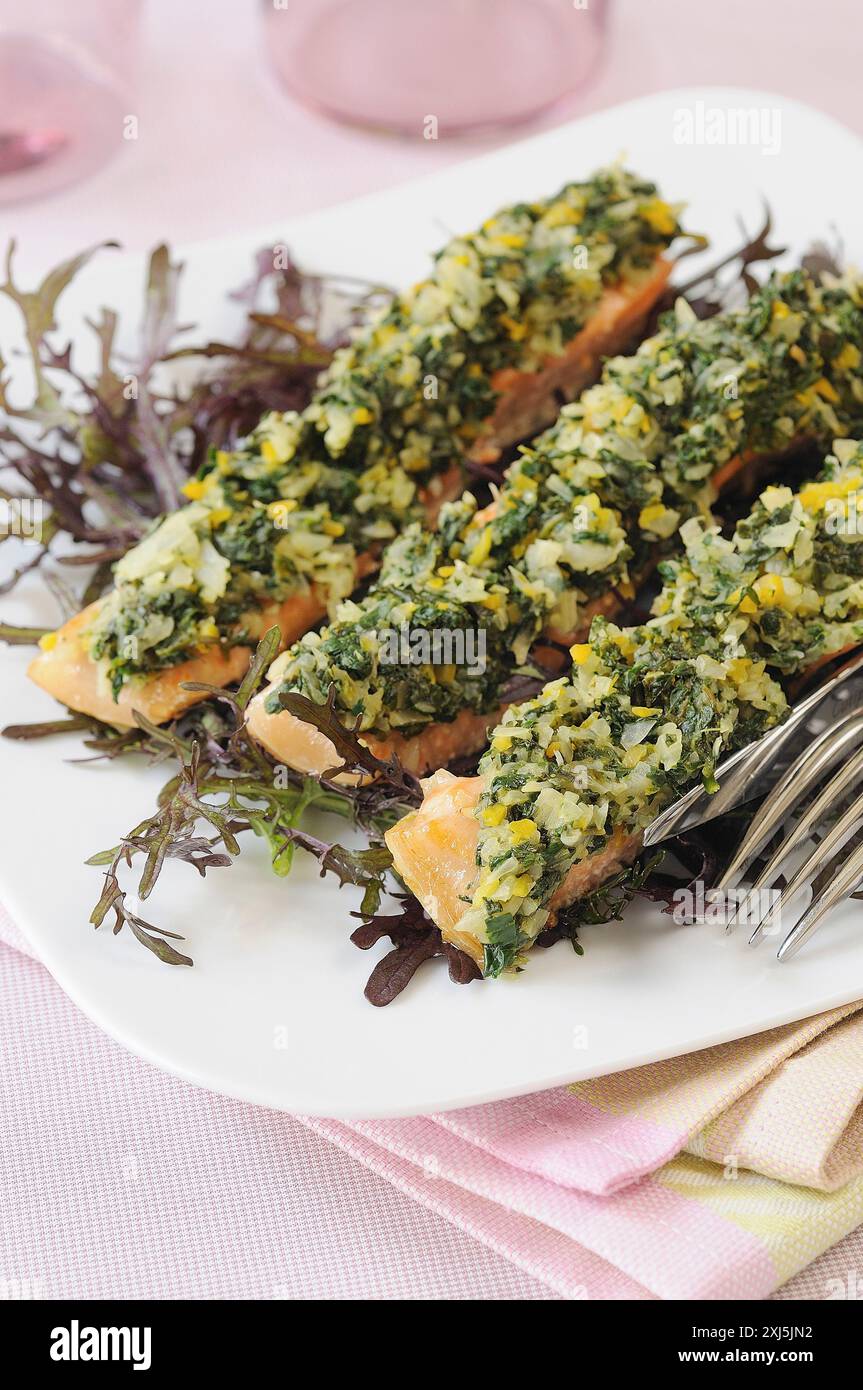 Pink trout with fennel and watercress Stock Photo - Alamy