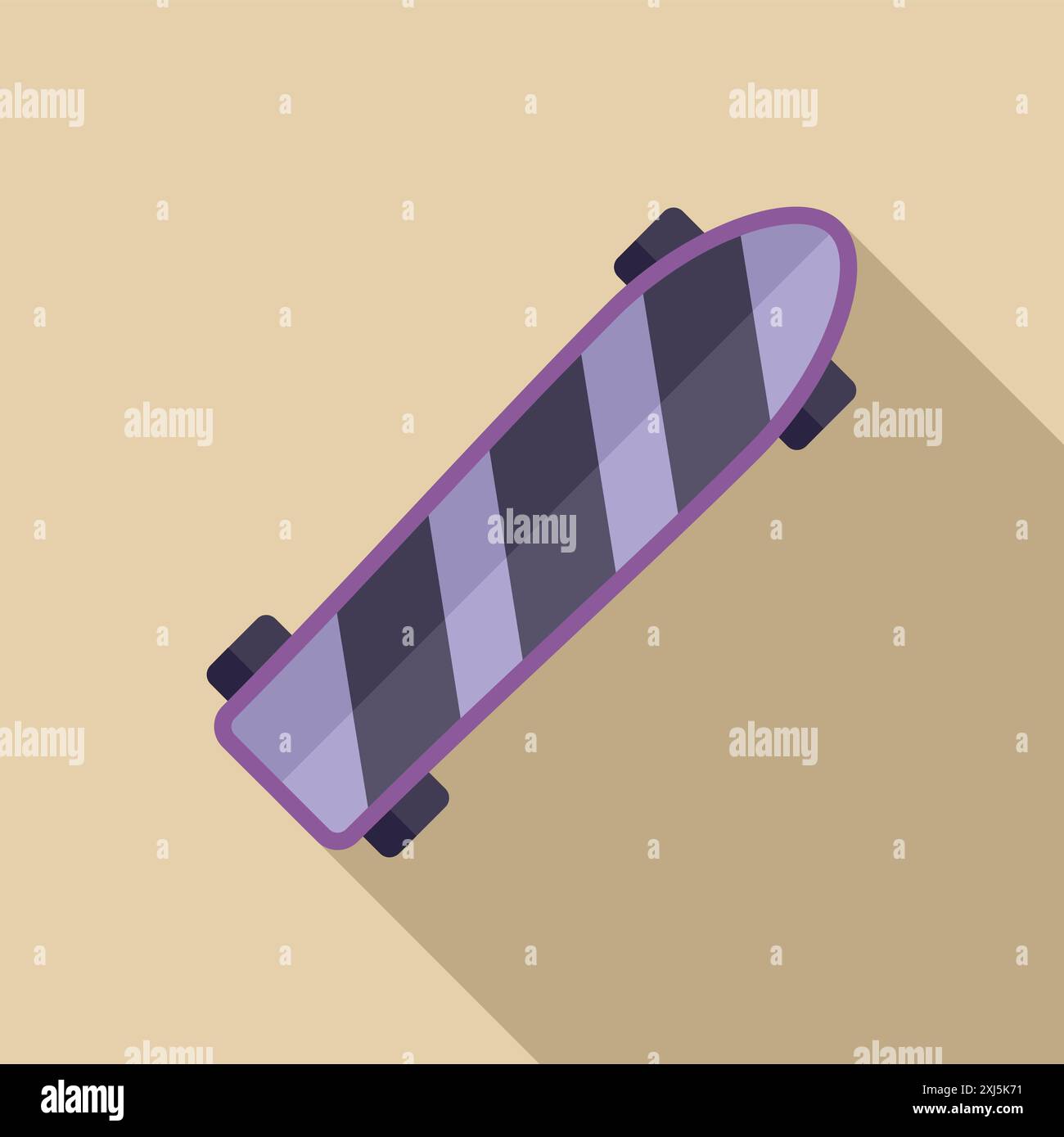 Purple longboard deck with black stripes is lying on a beige background ...