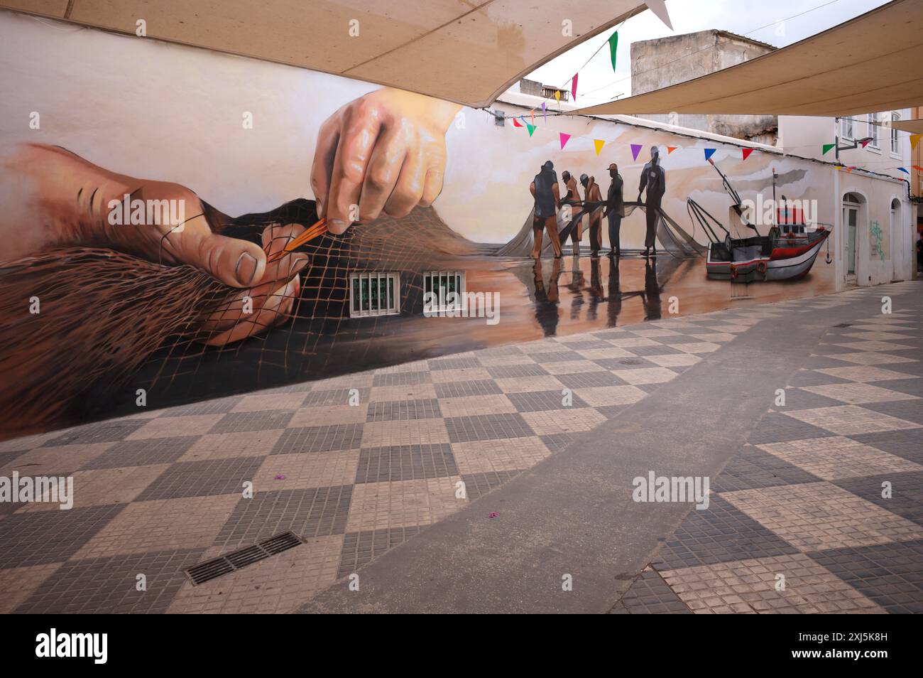 Mural, graffiti, illustrates history of fishing, fishing boat, fishing ...