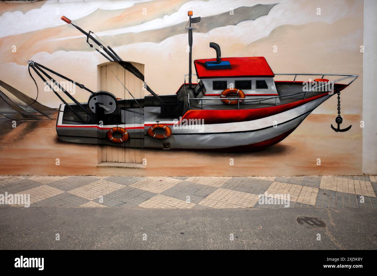 Mural, graffiti, illustrates history of fishing, fishing boat ...