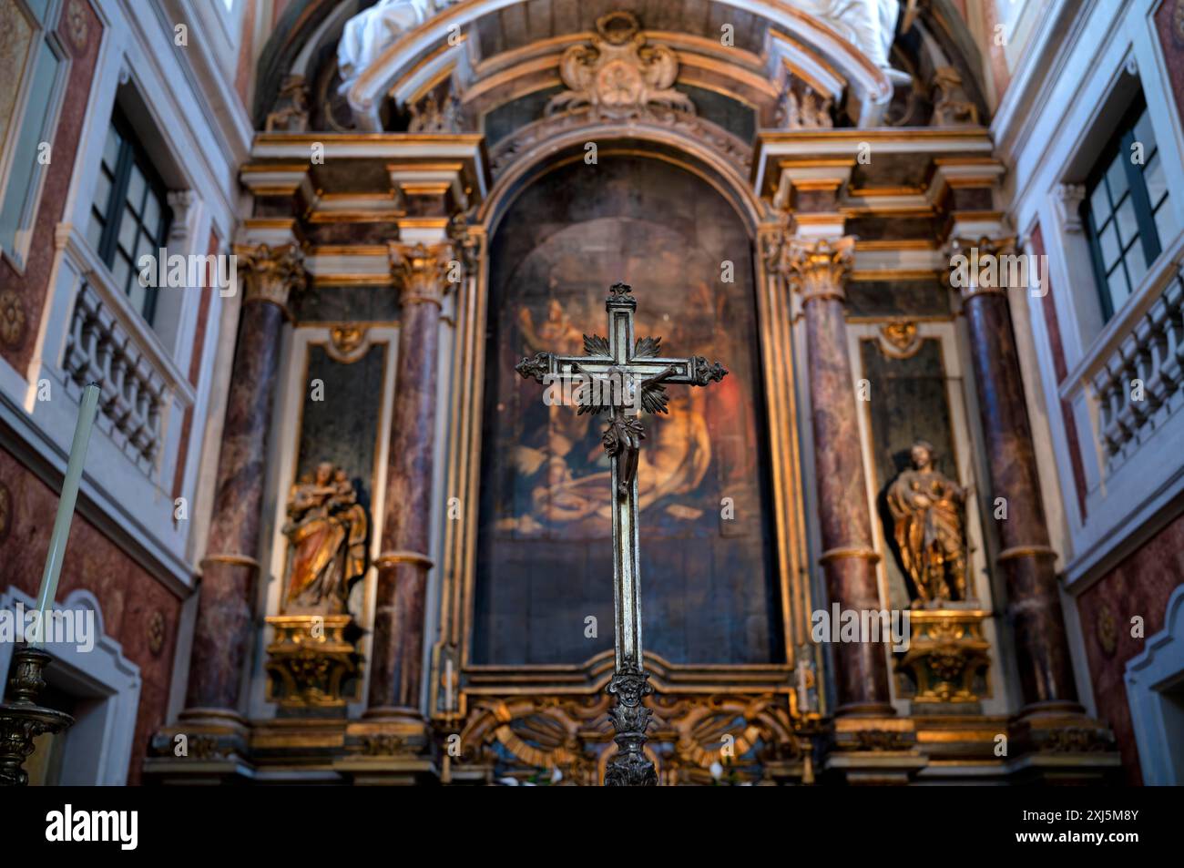 Interior view, Jesus on the cross, choir area, altar, church Igreja ...