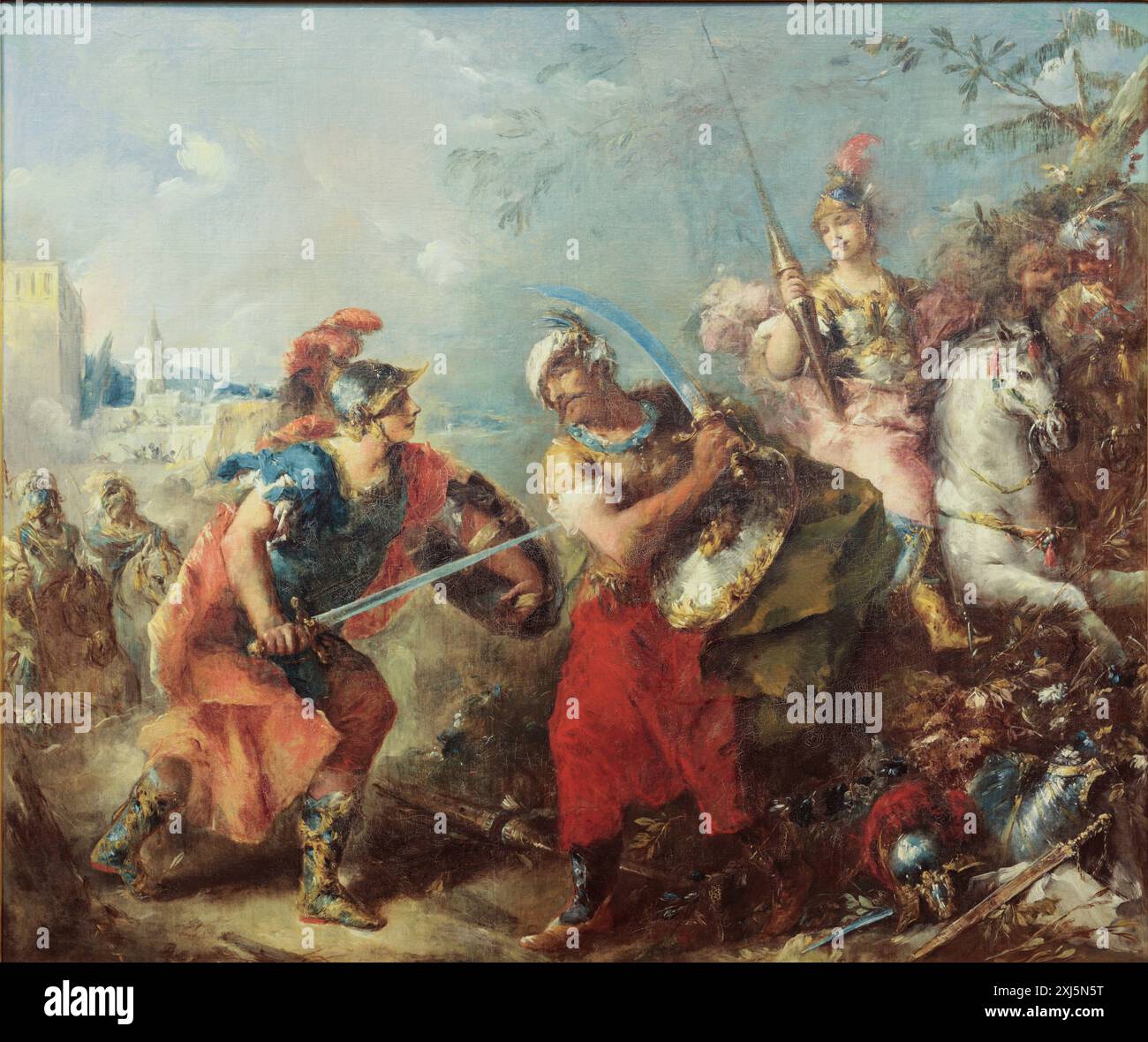 A painting by Giovanni Antonio Guardi depicting the fight between ...
