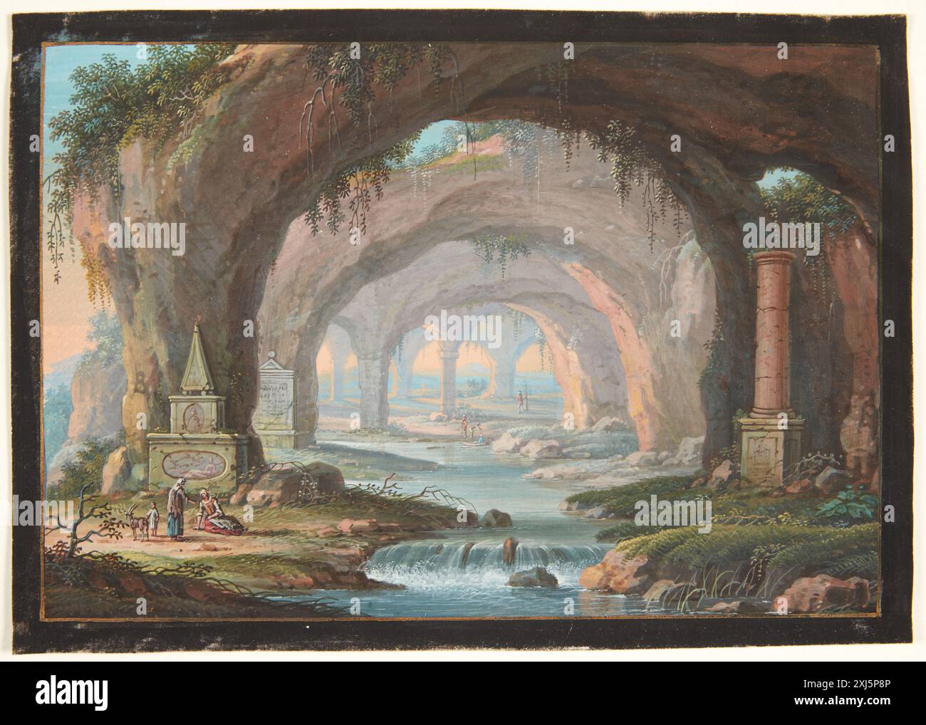 Landscape with broken caves, tomb monuments, a river and figures ...