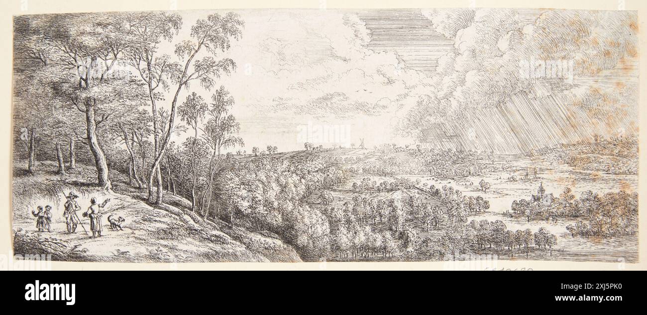 Etching by Lucas van Uden showing a landscape during a rain shower with ...