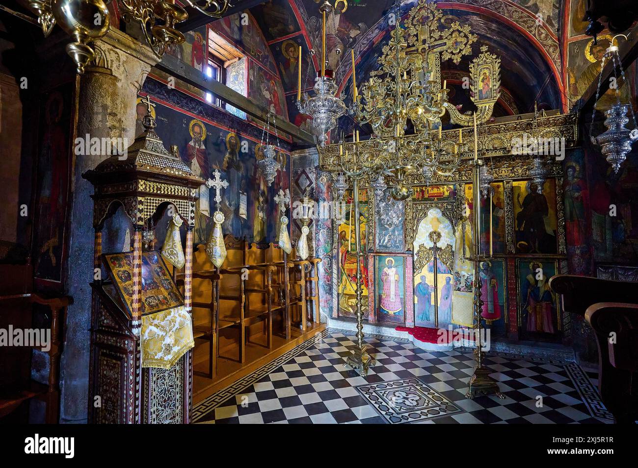 Interior view of an Orthodox church with icons and magnificent golden ...