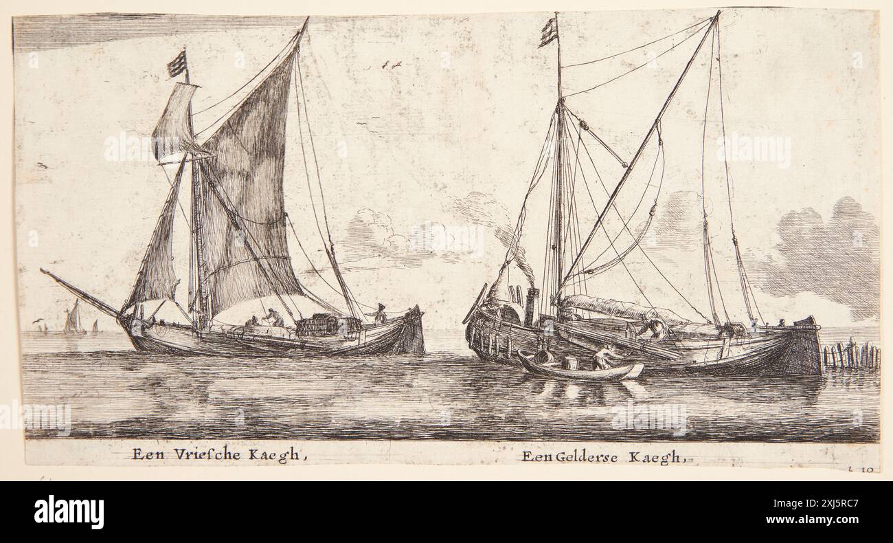 Etching by Reinier Nooms and Cornelis Danckerts depicting two kaag ...