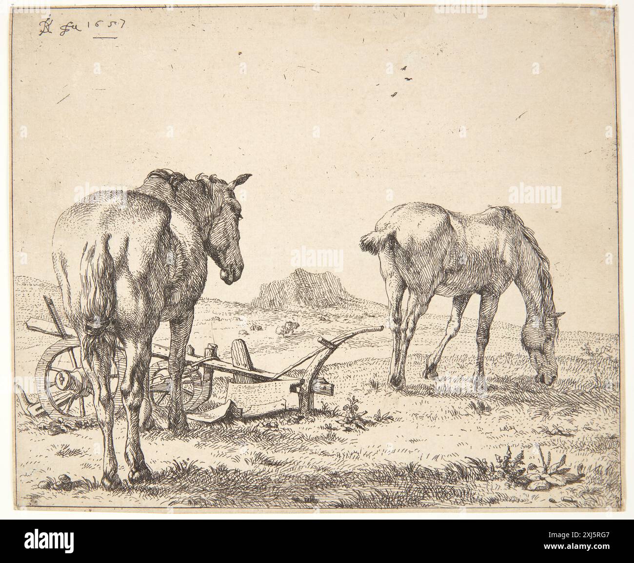 Etching by Karel Du Jardin (1626–1678) depicting two horses pulling a ...