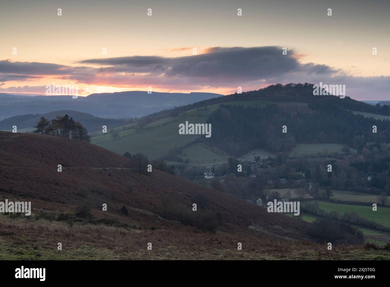 South Shropshire landscapes and woodland viewed from Hopesay Common ...