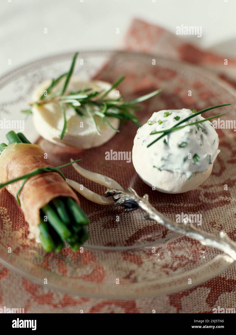 Mushroom top filled with cream cheese and chives,bundle of green beans ...