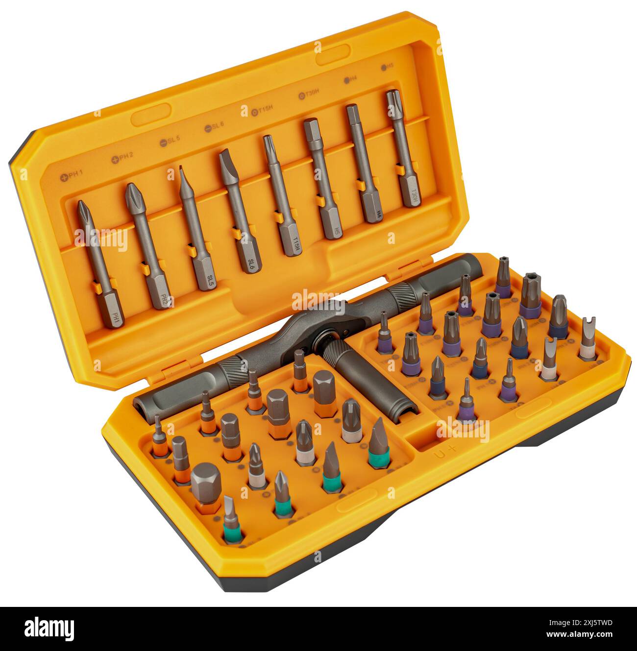 set of tools and screwdriver bits, on white background in insulation ...