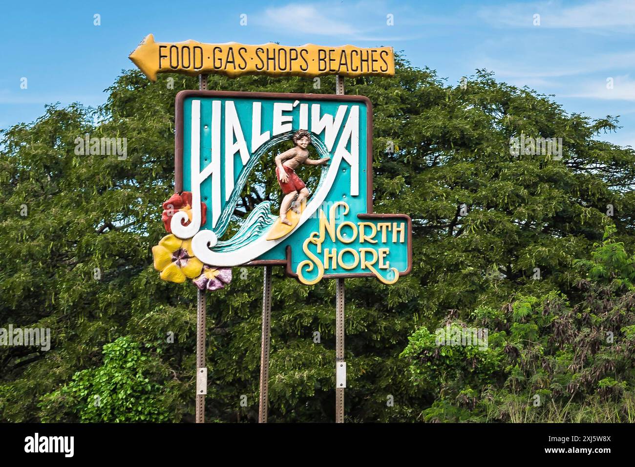Road sign for the town of Haleiwa. Haleiwa is a surfer town located at ...