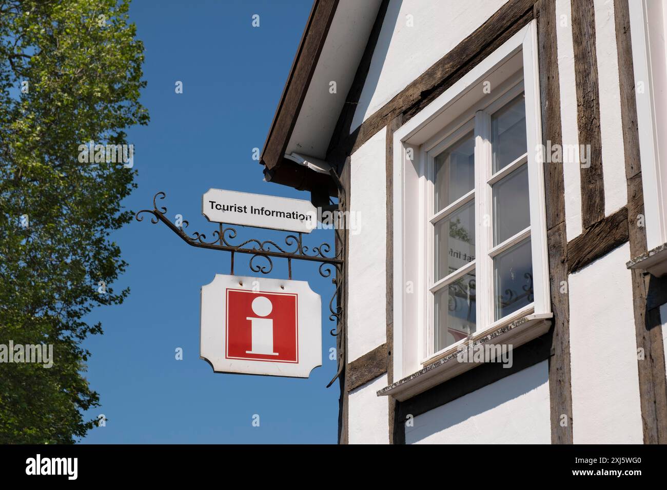 Tourist Information, sign on half-timbered facade, Soest, North Rhine ...