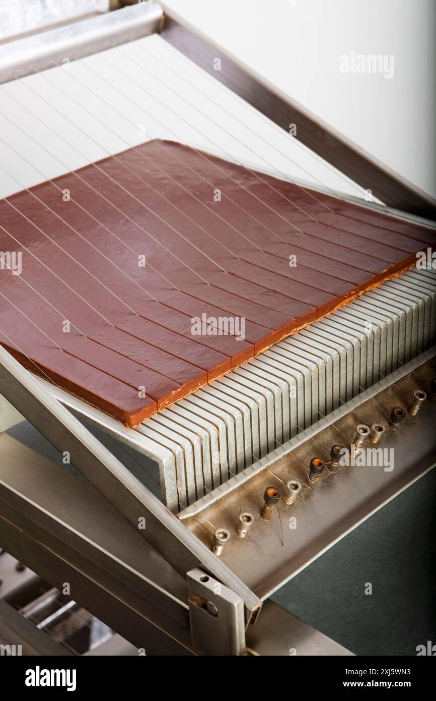 Machine cutting chocolate bars Stock Photo - Alamy
