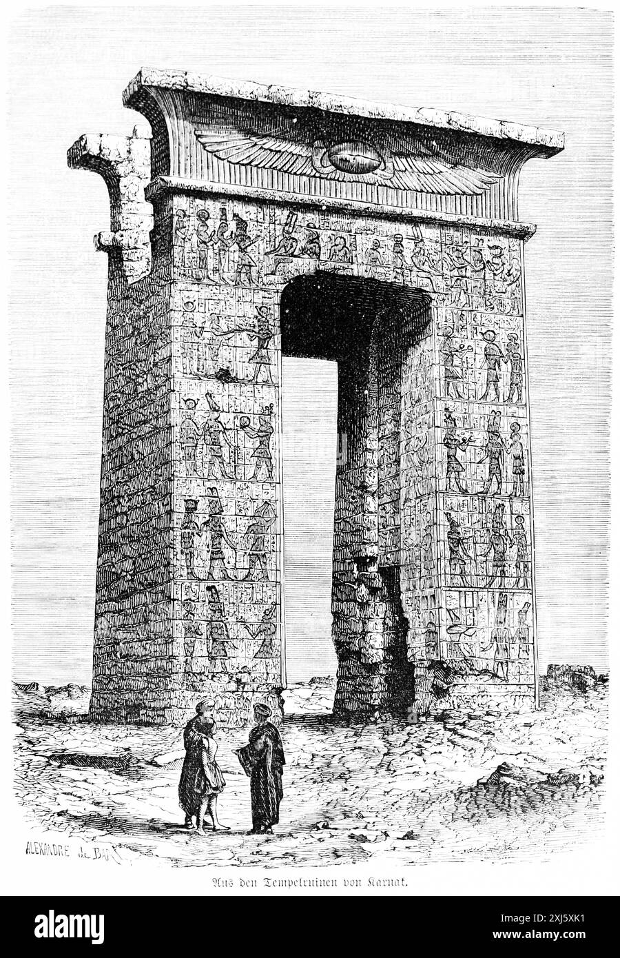 Ancient Egyptian temple ruins of Karnak, Egypt, historical illustration ...
