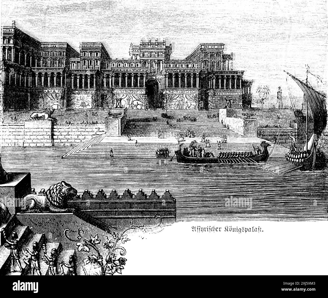 Assyrian royal palace, magnificent architecture, river, ships, rowers ...