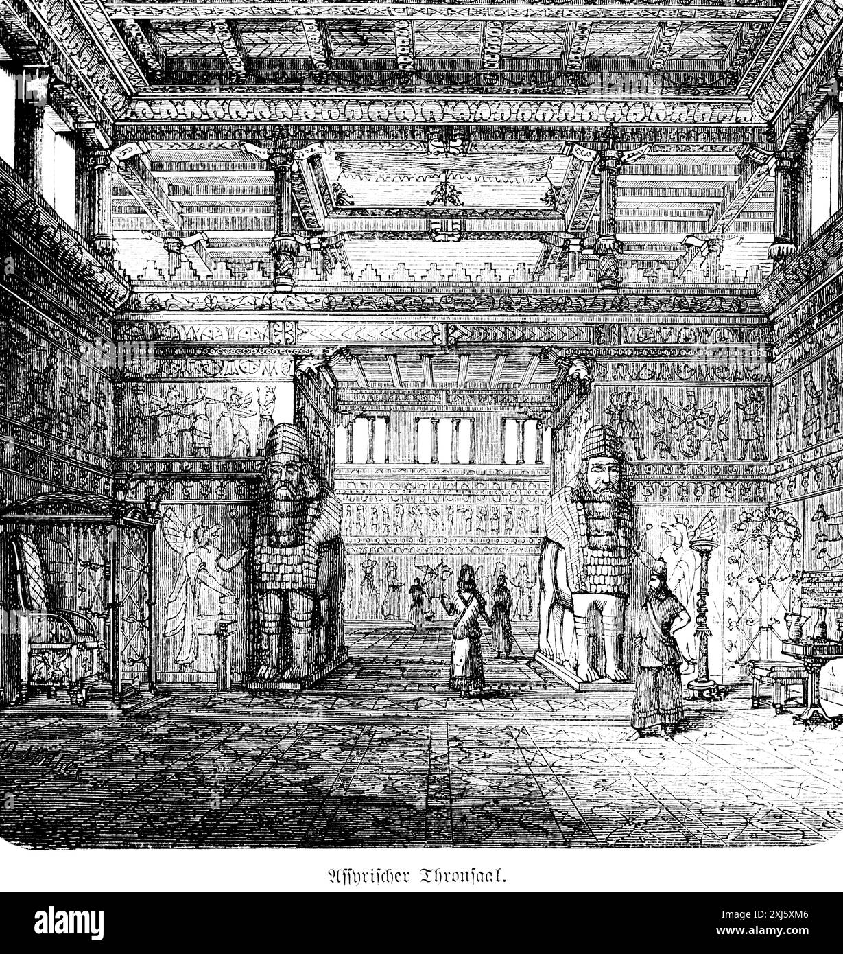 Assyrian throne room, splendid interior of a royal palace, statues ...