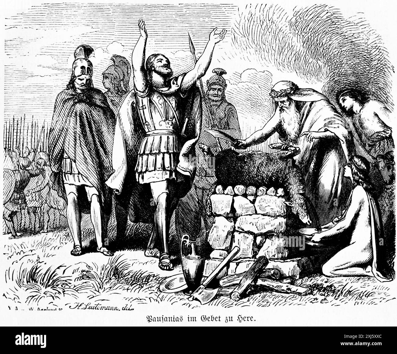 Pausanias in prayer to the goddess Hera, warrior, armed army, sheep as ...