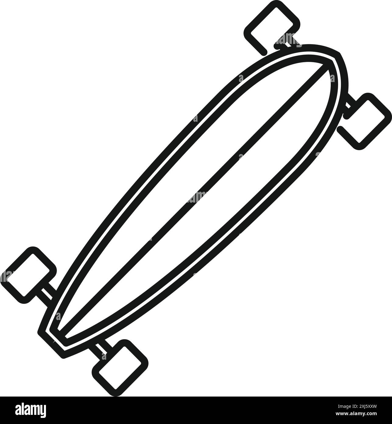 This simple line drawing depicts a longboard, highlighting its design ...