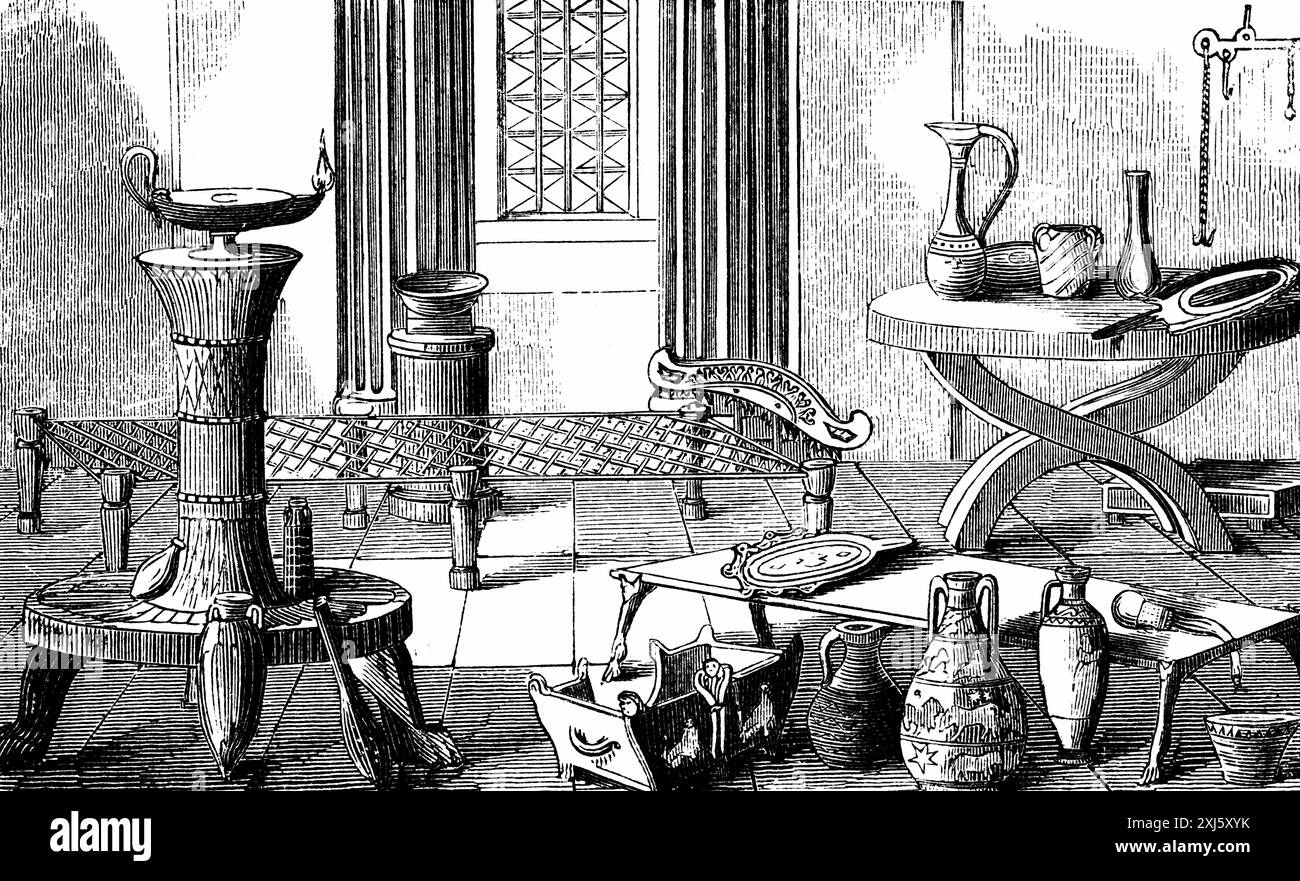 Etruscan household objects, interior, curtains, table, vases ...