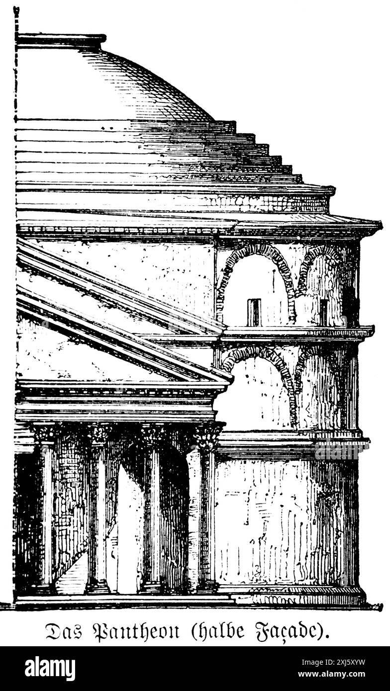 Half facade of the Pantheon, sanctuary in Rome, architecture, domed ...